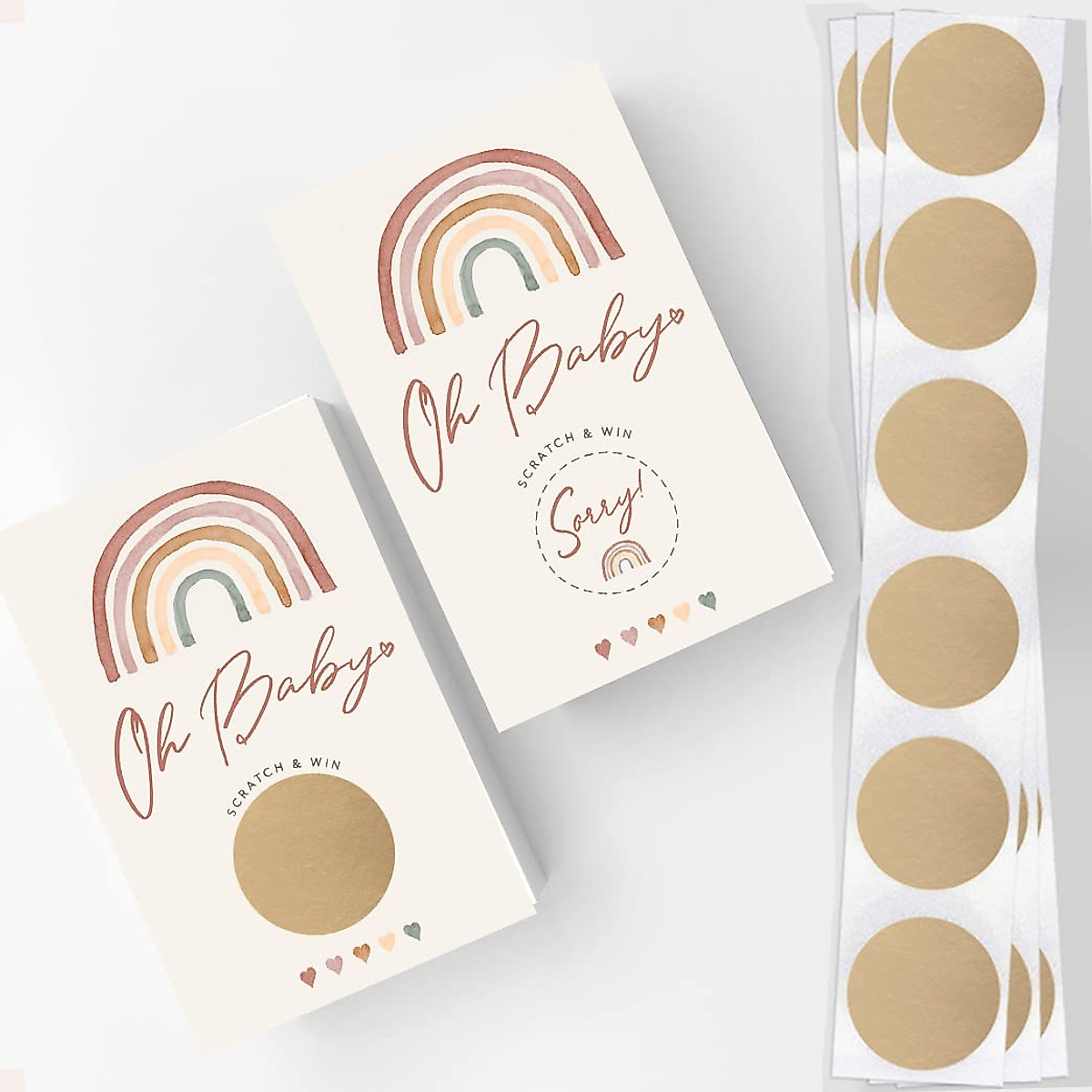 Printed Party Baby Shower Game – Rainbow Scratch Off Cards for Girl, Boho Theme, 30 Cards & Stickers