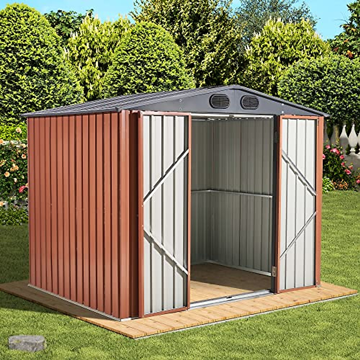 JAORD 8 x 6 FT Storage Shed, Outdoor Galvanized Steel Shed, Outside Garden Tool Storage House with Lockable Door for Patio, Backyard, Lawn Mower, Dark Brown…