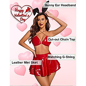 Avidlove Cosplay Lingerie for Women Sexy Bunny Costume Latex 4pack Ring Chain Linked Cut-out Halloween Outfit Set(Red,XL)