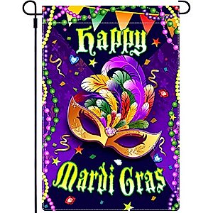 Mardi Gras Garden Flag Double Sided Holiday Decorative Garden Flag Masquerading Beads Yard Flag Fleur De Lis Party Signs Holiday Yard Outdoor Decoration for Mardi Gras(12.5 x 18 Inch)