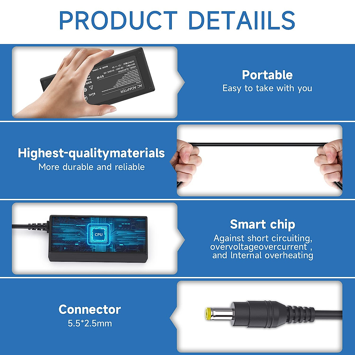 12V 5A Sceptre Monitor Power Cord, AC Adapter for Sceptre EC Series 35" 32" 30" 27" 24" 22" 20" 19" 15", E248W E225W E205W E275W C305W-2560UN C325W-1920R Screen Monitor Power Supply Charger