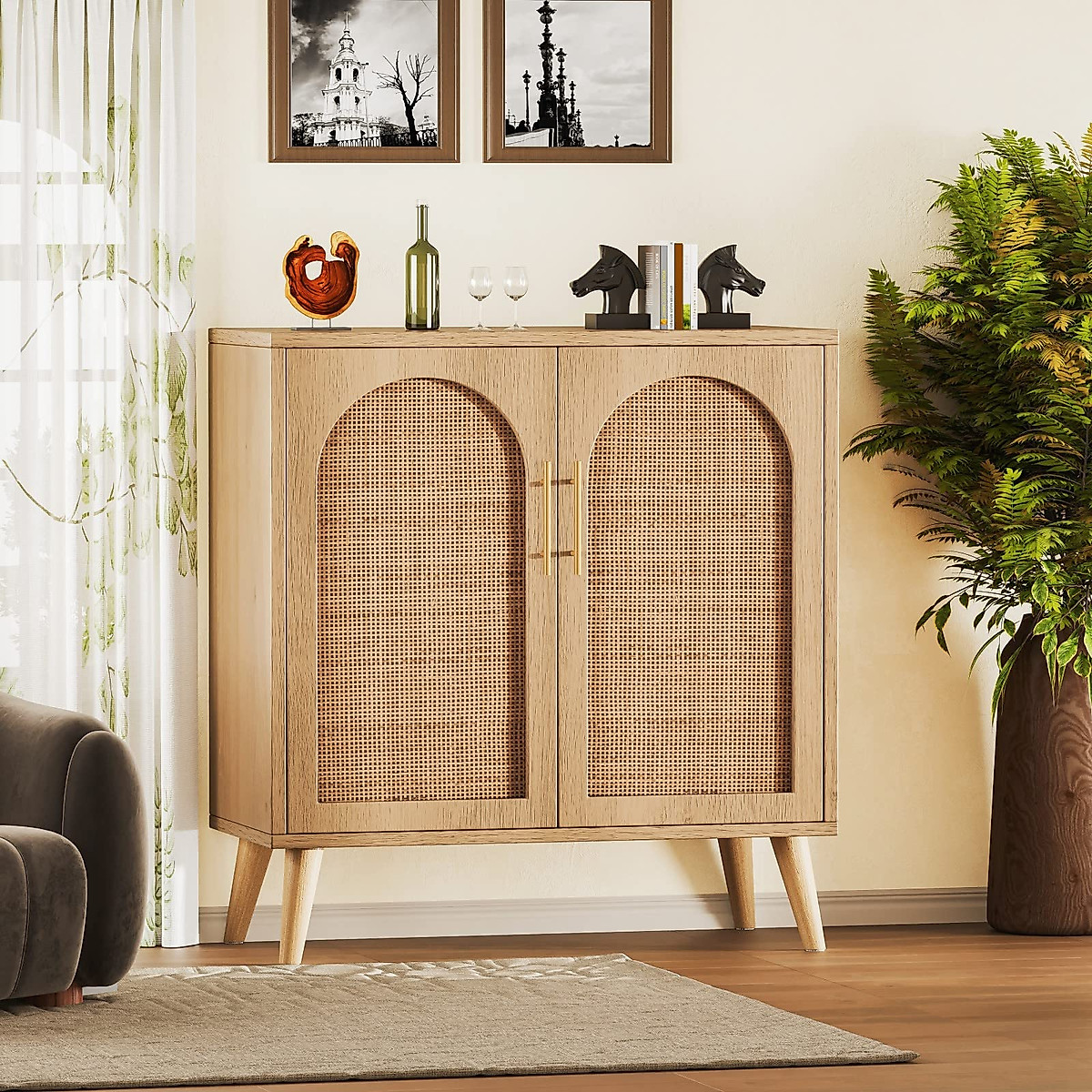 Rovaurx Rattan Storage Cabinet with Doors, Accent Bathroom Floor Cabinet, Modern Sideboard Buffet Cabinet for Living Room, Entryway, Dining Room and Kitchen, Natural BMGZ108M