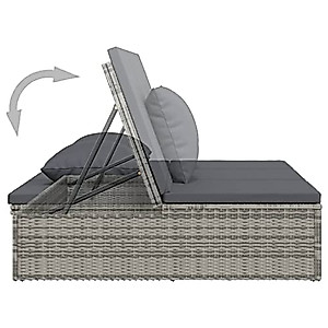 Makastle 2-Person Patio Lounge Chair, Outdoor PE Rattan Adjustable Double Daybed Chaise with Pillow & Cushions, Loveseat Sofa for Garden Lawn Backyard, 78.7"x47.6"x12.2" Poly Rattan Dark Gray