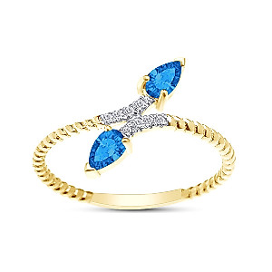 AFFY Pear Shape Natural Diamond And Simulated Blue Topaz In 14K Yellow Gold Over 925 Sterling Silver Ring Size 9