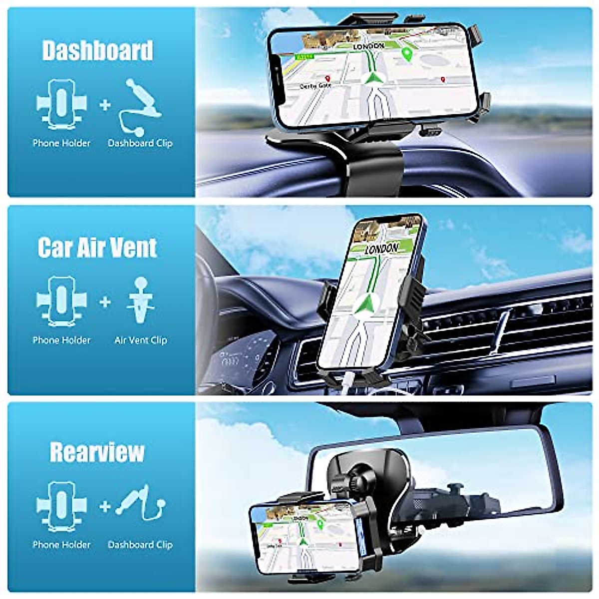 KSYER Phone Mount for Car Dashboard & Air Vent, 1200 Degree Rotation Cell Phone Holder Car [Multi-Angles], Car Phone Holder Mount for iPhone Samsung All Smartphone (Black)