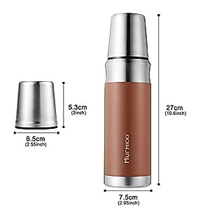 Murmioo travel vacuum flask，stainless steel insulated bottle, built-in cap cup, cold for 24 hours, heat for 12 hours, BPA Free leak proof, sweat free 17oz/500ml Brown