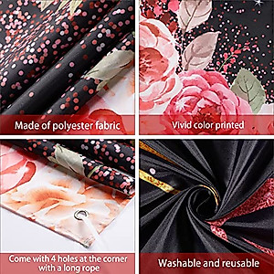 Happy Birthday Backdrop Decorations for Women Background Party Supplies Rose Backdrop Photography for Girls Boys Floral Glitters Banner Wedding Baby Shower Decor (Black)