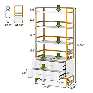 Tribesigns Bookshelf with Drawers, 65” Tall Ladder Shelf Bookcase with Storage, Modern White and Gold Bookcases and Book Shelves 4 Shelf Organizer, Metal Wood Book Shelving Unit for Bedroom, Office