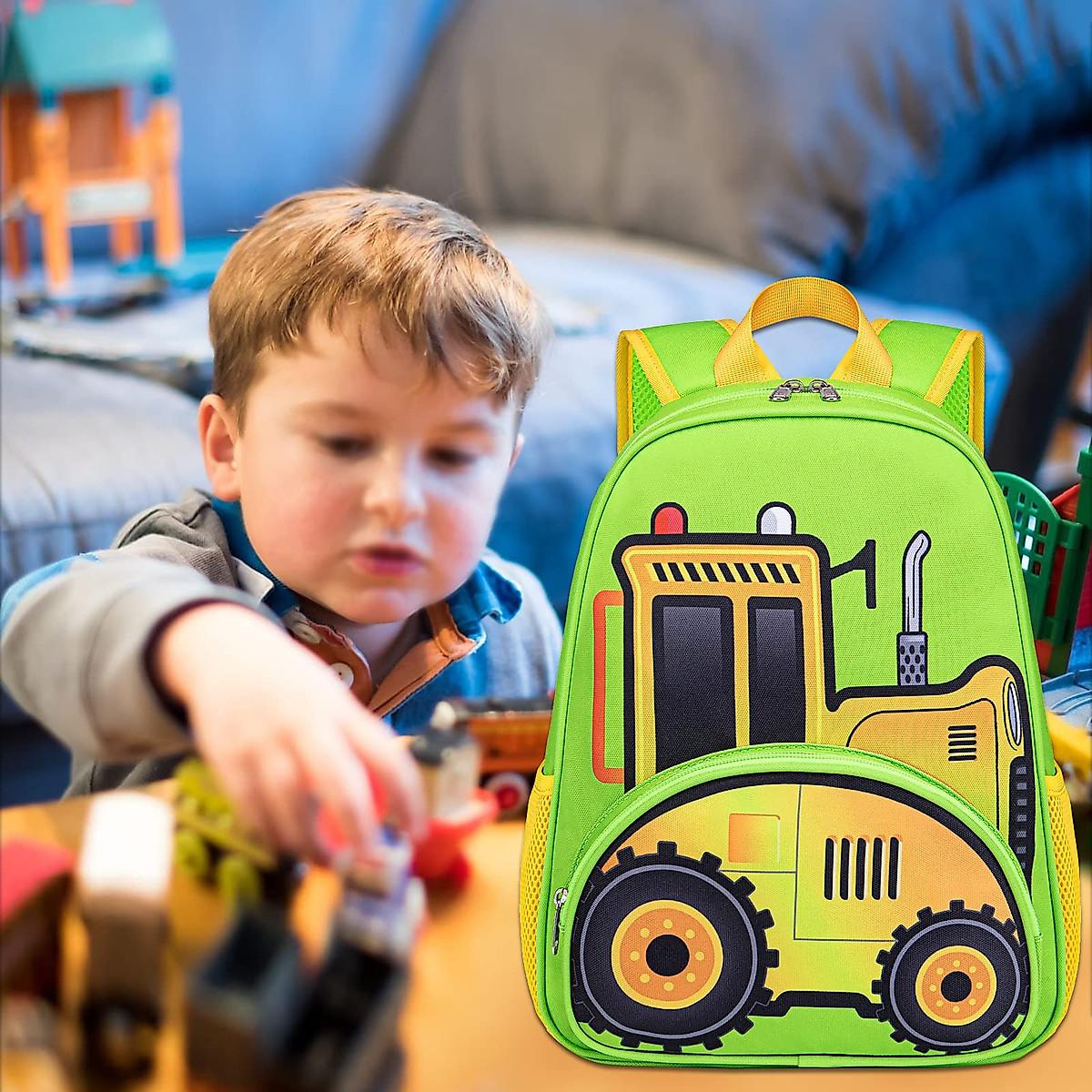 BTOOP Toddler Backpack Boys Cute Kids School Backpack Preschool Kindergarten Bookbags Nursery Daycare Toddler Bags, Tractor-fluorescent Green