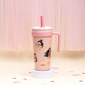 Zak Designs Disney Princess Fairway Travel Tumbler for Home or On the Go, 18oz Stainless Steel with Vacuum Insulation, Spillproof Straw, and Handle (Ariel, Belle, Cinderella, Jasmine, Moana, Tiana)