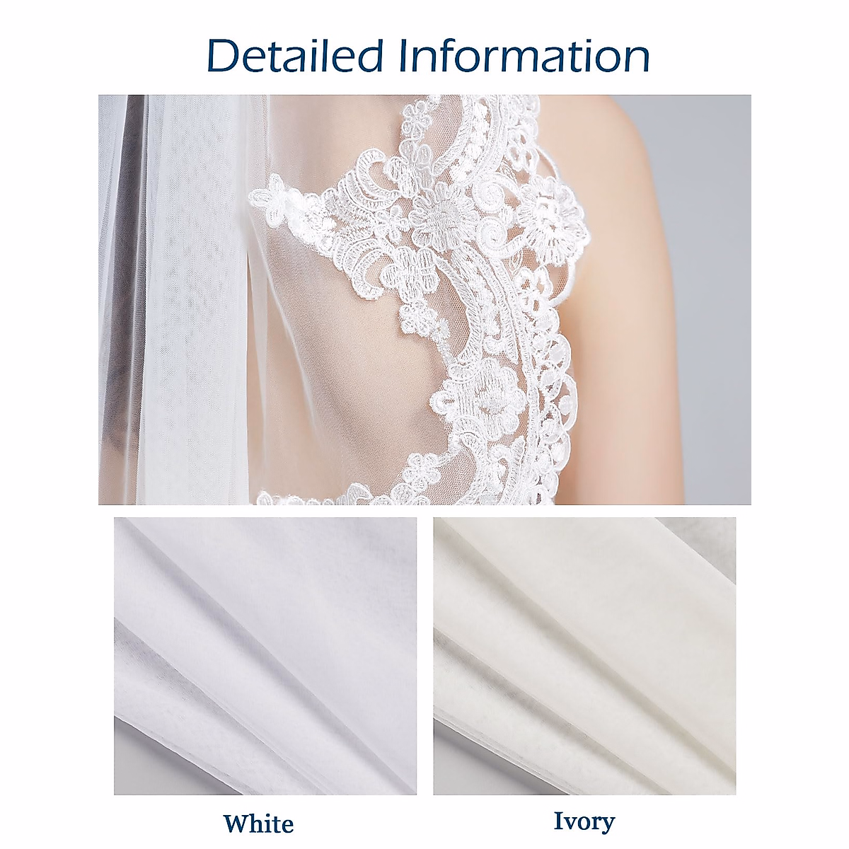 BEAUTELICATE Wedding Bridal Veil with Comb 1 Tier Lace Applique Chapel Length 90" White