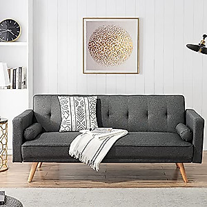ERYE Dark Gray 3-in-1 Upholstered Futon Loveseat Convertible Sleeper Bed,2-Seaters Sofa & Couch Soft Cushions Love Seat Daybed for Small Space Living Room Napping Linen w/2 Pillows, Twin