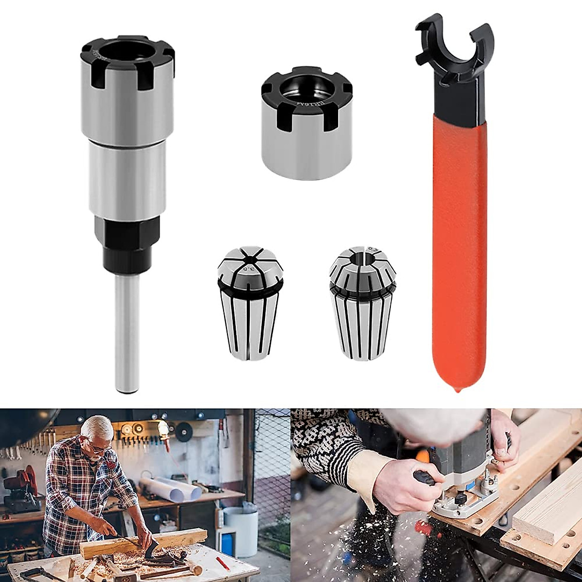 KASCLINO 1/4" Shank Router Bit Collect Extension Chuck Converter Adapter, Convert 1/2-Inch & 1/4-Inch Shank Bits with ER20 Spring Collet, ER20 M Type Wrench Spanner(Size:ER20-1/4)