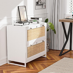 VINGLI White & Natural Rattan 2 Drawer Lateral File Cabinet with Lock, Wood Locking File Cabinets for Home Office, File Cabinet Printer Stand for Hanging Letter/Legal Size Folders, 30W x 16D x 28H