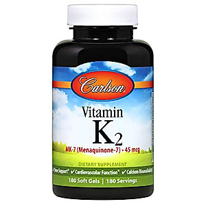 Carlson - Vitamin K2 MK-7 (Menaquinone), 45 mcg, Bone Support, Circulation Function & Calcium Bioavailability, 180 Softgels