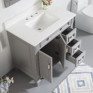 WELLFOR 36" Bathroom Vanity with Sink and 32" Mirror Set, Large Wood Vanity Combo with Doors and Drawers, Freestanding Bath Vanity Cabinet in Titanium Grey with Quartz Countertop and Certified Sink