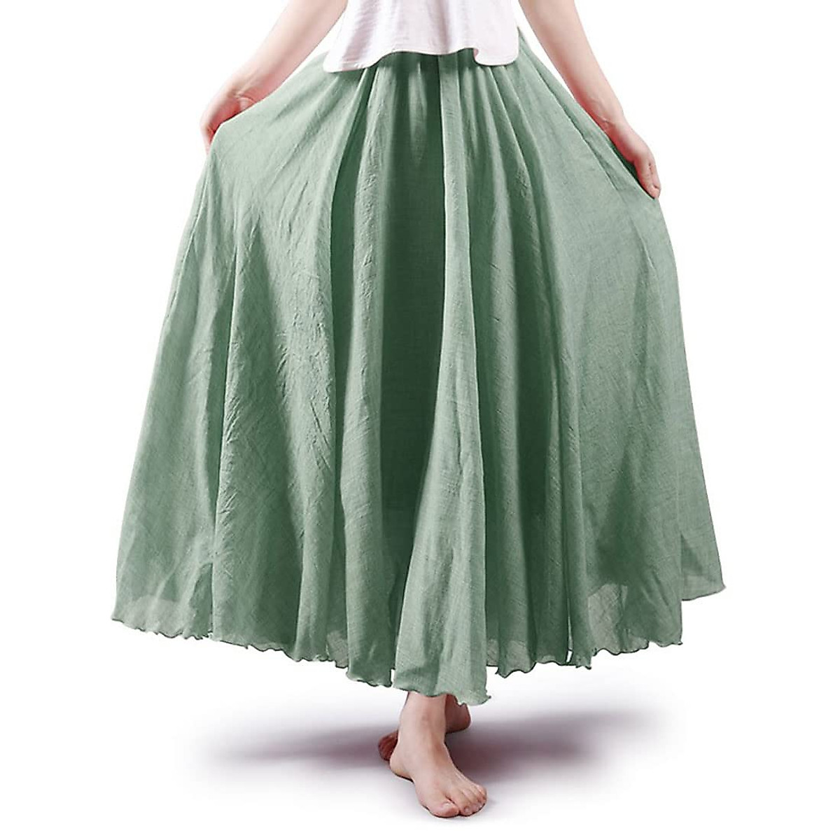 ASHER FASHION Women's Bohemian Style Elastic Waist Band Cotton Linen Long Maxi Skirt Dress (85CM, Light Green)
