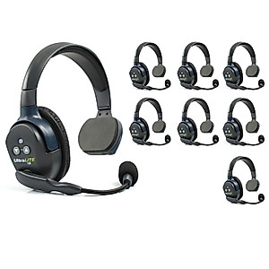 Eartec HUB8S Ultralite Full Duplex Wireless Headset Communication System for 8 Users – 8 Single Ear Headsets, HUB Transceiver with SolidSignal Cleaning Wipes Bundle