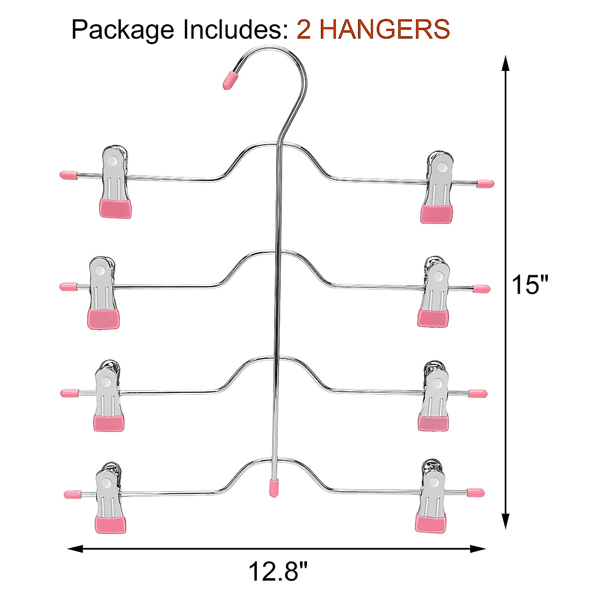 Solid Metal Skirt Hangers 4 Tier Pants Shorts Hangers Space Saving Hangers with Adjustable Clips Non Slip Grip for Slacks, Trousers, Shorts, Jeans, Towels, Pink, (2 Pieces) HL04P