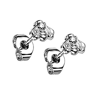 Pierced Owl 20GA G23 Implant Grade Titanium Threadless Push-in Bee Top Stud Earrings, Sold as a Pair (Silver Tone)