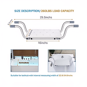 Heavy Duty Bath Bench Seat, Suspended Bath Tub Shower Chair Aluminum Alloy Bathtub Benches Bathing Seat for Elderly Adults Seniors Disabled or Injured, Length Adjustable Universal Fit, 260LBS Load