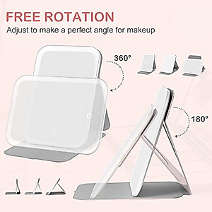 Luminar bowo Vanity Tabletop Mount Mirror with Lights, Travel Makeup Mirror 360° Rotation Touch Screen 3 Colors Light Modes 72 LEDs USB Rechargeable, 1200mA 5.5x8-Inch Desk Compact Mirror Pink