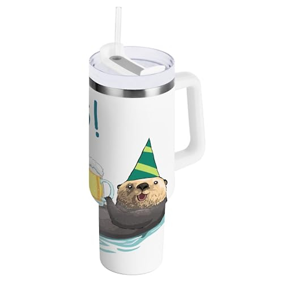 Exnundod 40 oz Tumbler with Handle Cute Otter Cheers Beer Insulated Stainless Steel Cup with Lid and Straw Travel Cup Leak-proof Fits in Car Cup Holder for Iced & Hot