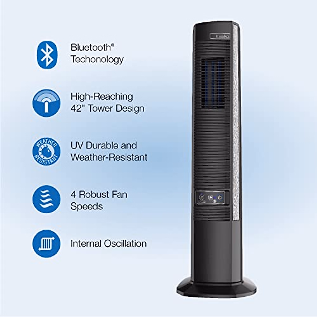 Lasko 42" Portable Outdoor Tower Fan with Bluetooth Technology for Decks, Patios and Porches with 4 Speeds, Night Mode, Internal Oscillation, Black, YF200