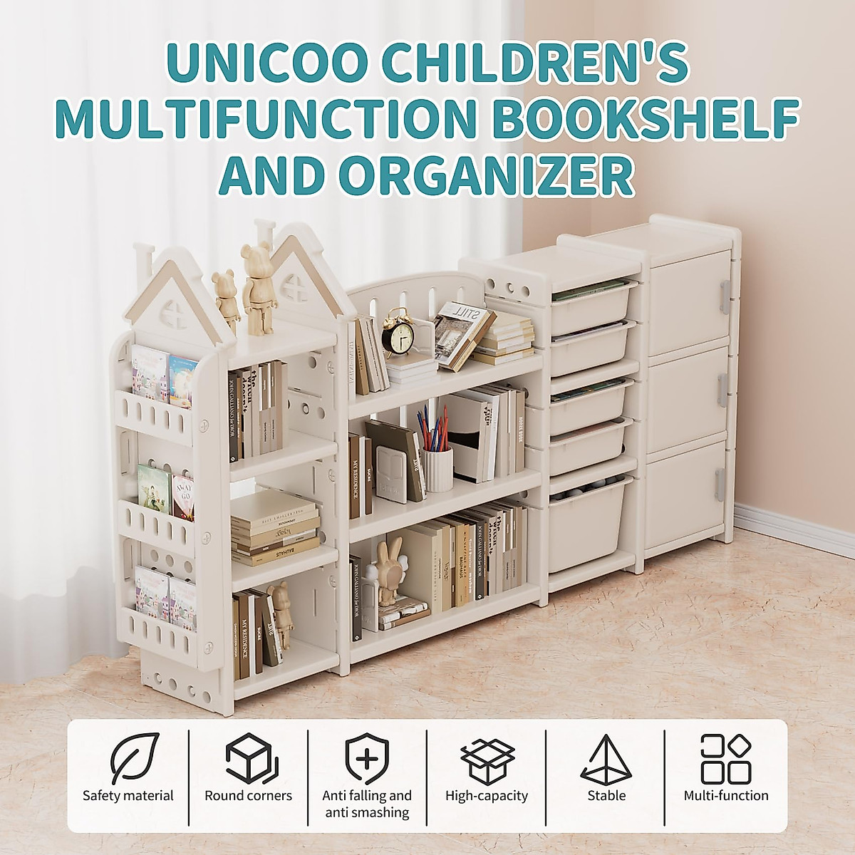 UNICOO Kids Toy Storage Organizer with Removable Bins, 4-Tier Bookshelf and Cabinet - Pull-Out Drawers Shelf for Toddlers - Space-Saving Solution for Nursery, Playroom, Study Room (White)