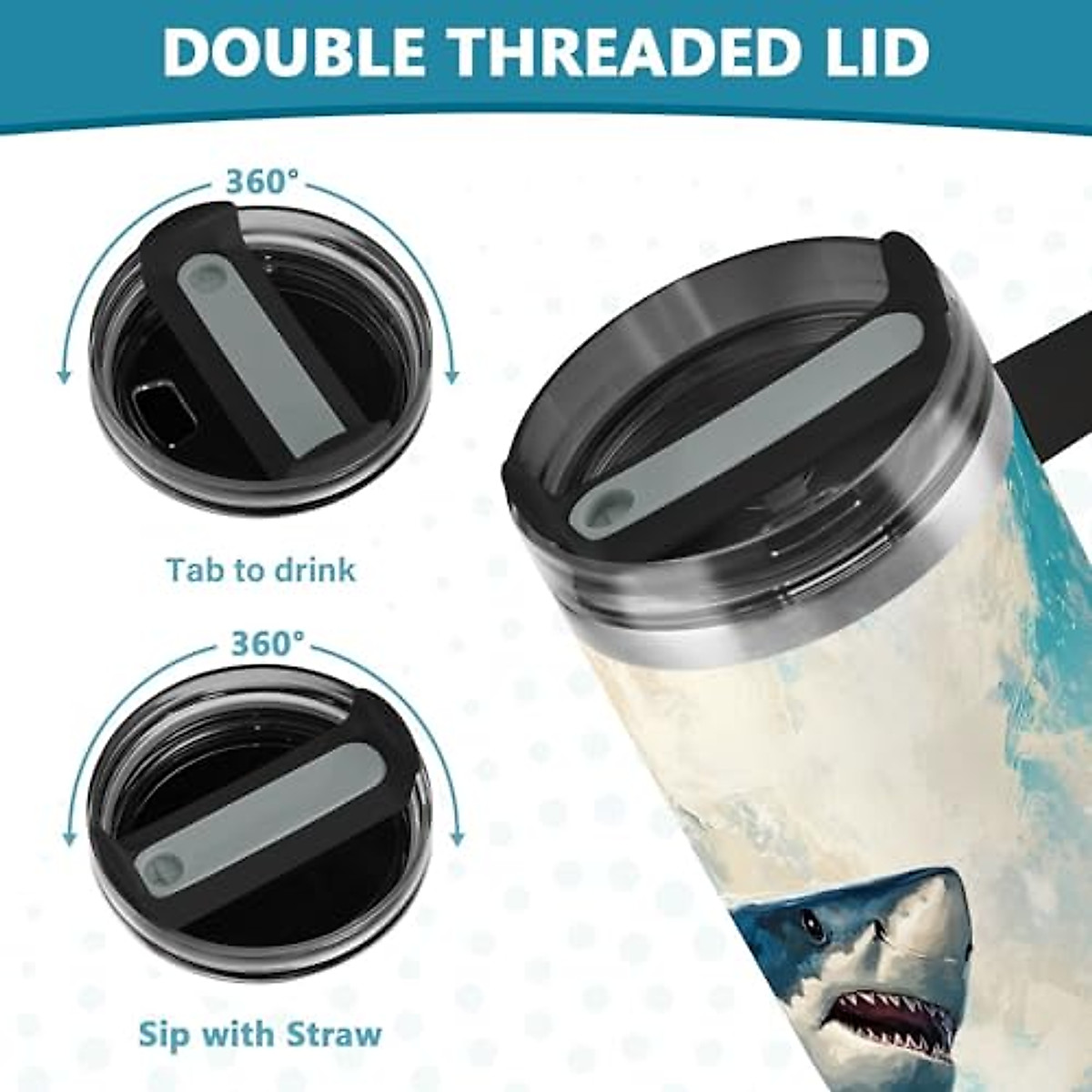 Flradish 40oz Tumbler with Handle, Shark Stainless Steel Tumbler with Lid and Straws Double Wall Vacuum Insulated Leakproof Coffee Travel Mug