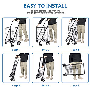 F2C Folding Shopping Cart with Wheels and Double Basket, Grocery Utility Cart Ground Rolling Cart,Collapsible Portable Cart,Compact for Shopping Laundry,Garden, Grocery,Travel, Black¡­