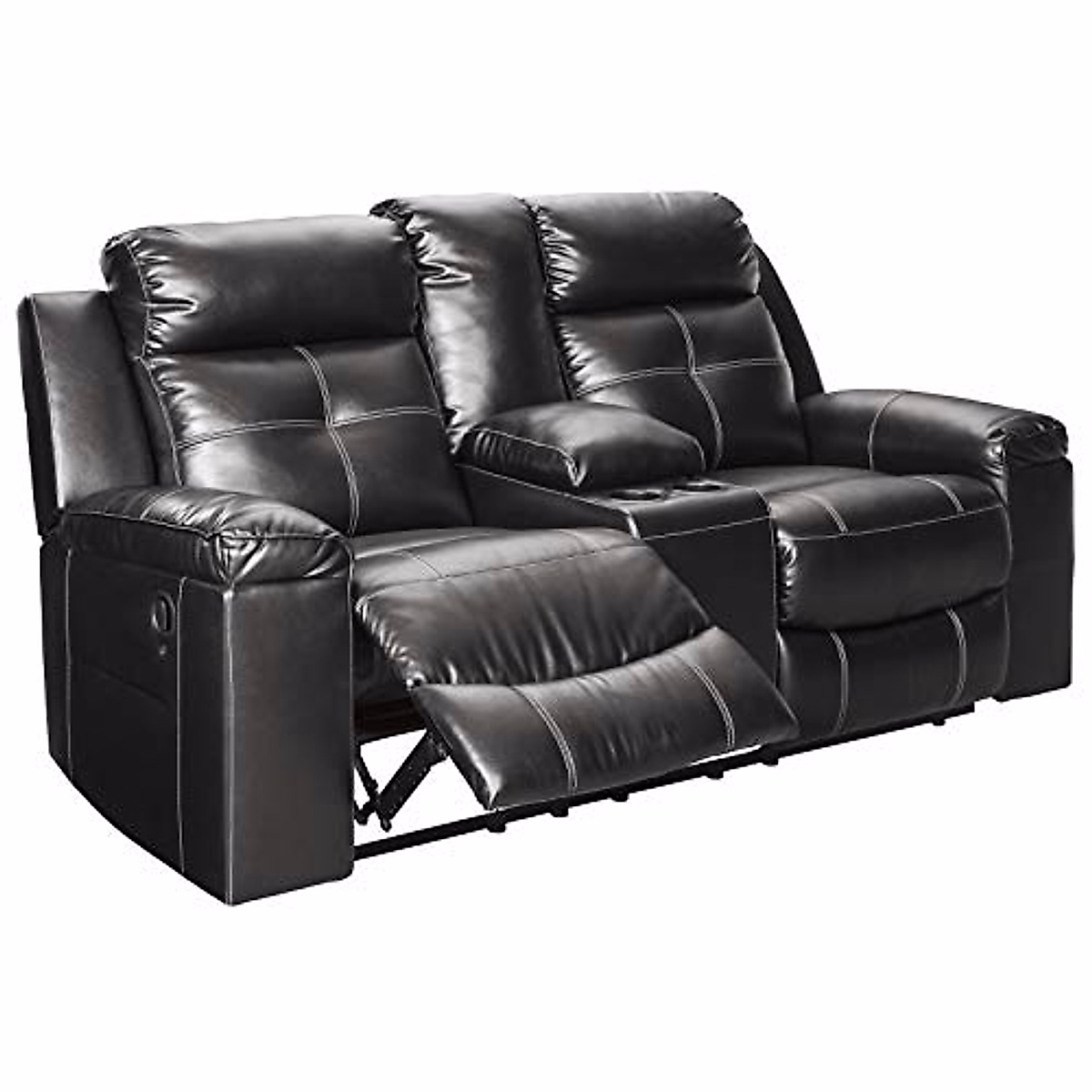 Signature Design by Ashley Kempten Faux Leather Manual Reclining Sofa with High Back, Center Console and Blue LED Lighting, Black