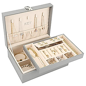KCY Jewelry Box Organizer for Women Girls,Large PU Leather Jewellery Storage Case with 2 Layers Display Holder & Removeable Tray for Earrings Rings Necklaces Bracelets,Mens Vintage Gift,Grey