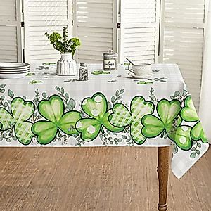 Horaldaily St. Patrick's Day Tablecloth 60x84 Inch, Buffalo Plaid Shamrock Eucalyptus Table Cover for Party Picnic Dinner Decor