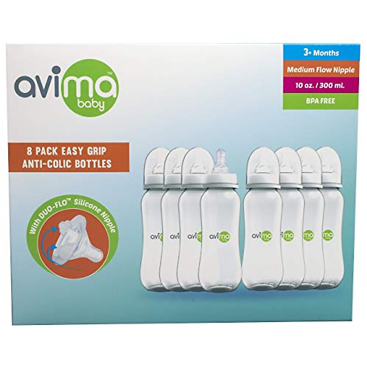 Avima 10 oz Anti Colic Baby Bottles, BPA Free, Standard Neck with Medium Flow Nipples (Set of 8)