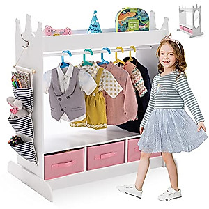 Kids Armoire Dress-Up Storage w/Mirror and Drawers,Dress up Closet,Costume Dress up Wardrobe,Pretend Storage Closet for Kids w/Side Pocket Top Shelf Shoes Storage for Bedroom Girls Room, White