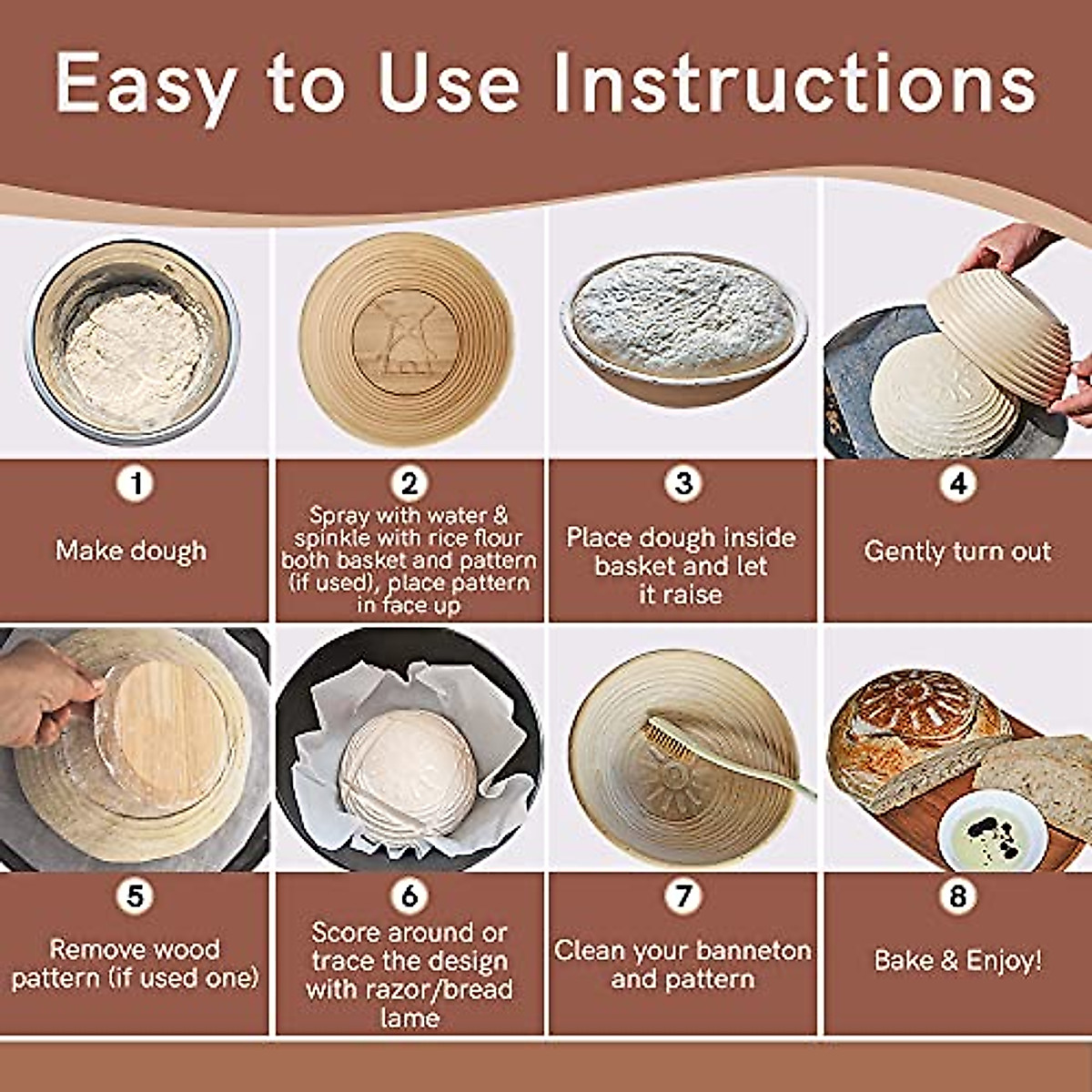 9 in Bread Proofing Basket Set - Make Sourdough Bread with our Banneton Basket and Removable Design Inserts Dough Scraper & Cloth Liner Gift for Bakers by Artizanka (Basket+Patterns)