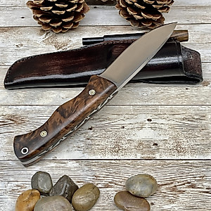 Handmade Fixed Blade Outdoor Knife with Sheath – Hunting, Bushcraft, Self Defense Bowie Knife – Tracker Knife with Wooden Handle & N690 German Bohler Steel Blade – Leather Sheath & Flint Rod Included