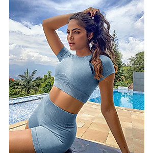 OLCHEE Womens Workout Sets 2 Piece - Seamless Acid Wash Yoga Outfits Leggings Shorts and Crop Top Matching Gym Activewear Athletic Clothing Set - Blue Small