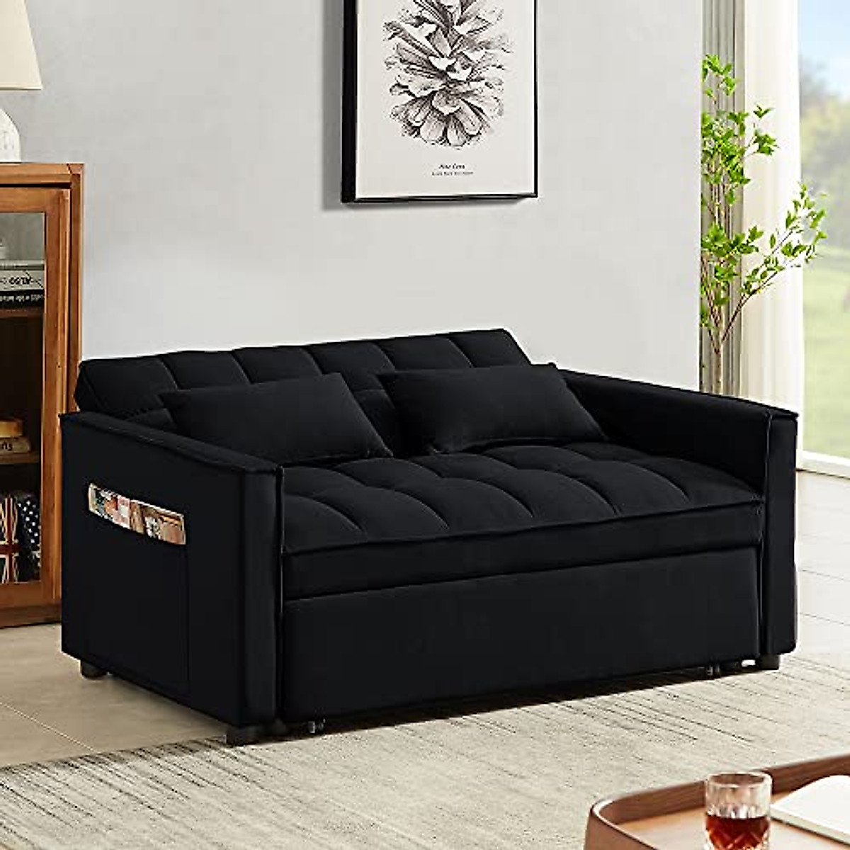 HABITRIO Modern 55.2" Small Pull Out Sleep Sofa Bed 2 Seater Loveseats Sofa Couch with Adjsutable Backrest and Lumbar Pillows for Apartment Office Living Room