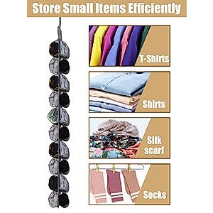 2 Pcs Clothes Closets Roll Holder- Hanging Closet System Closet Space Saver Clothes Organizer with 20 Roll Independent Compartments for T-Shirts Leggings Underwear Bras Socks (Gray, Double Sided)