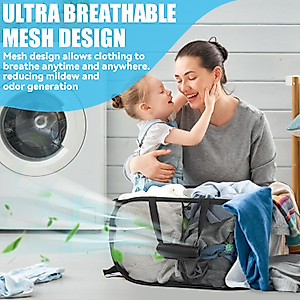 Collapsible Mesh Laundry Basket 2 Pack Pop Up Laundry Basket Mesh Foldable Laundry Basket with Soft Comfortable Handle Pad, Folding Laundry Basket Strong Durable and Excellent Breathability, Black