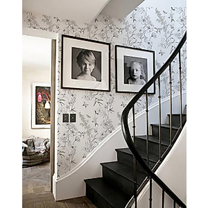 HomKihapai Vintage Wallpaper- Black and White Wallpaper Floral Peel and Stick Wallpaper Modern Bird Wallpaper for Bathroom Waterproof Contact Paper (Black and White, 118"X17.4")