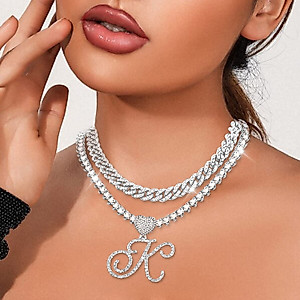 KOHOTA Cursive Silver Initial Pendant Necklace for Women Miami Cuban Link Chain Layered Heart Shape Bling Diamond Iced Out Chain Pendant Necklace Hip Hop Jewelry Gift 2PCS Chains