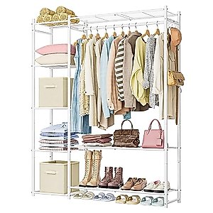 Wardrobe Closet,Portable Clothes Rack with 4 Tiers Shelves,Freestanding Closet Organizers and Storage System with Hanging Rods,Steel Clothing Rack Suitable for Cloakrooms,Bedrooms,Entrances,etc.White
