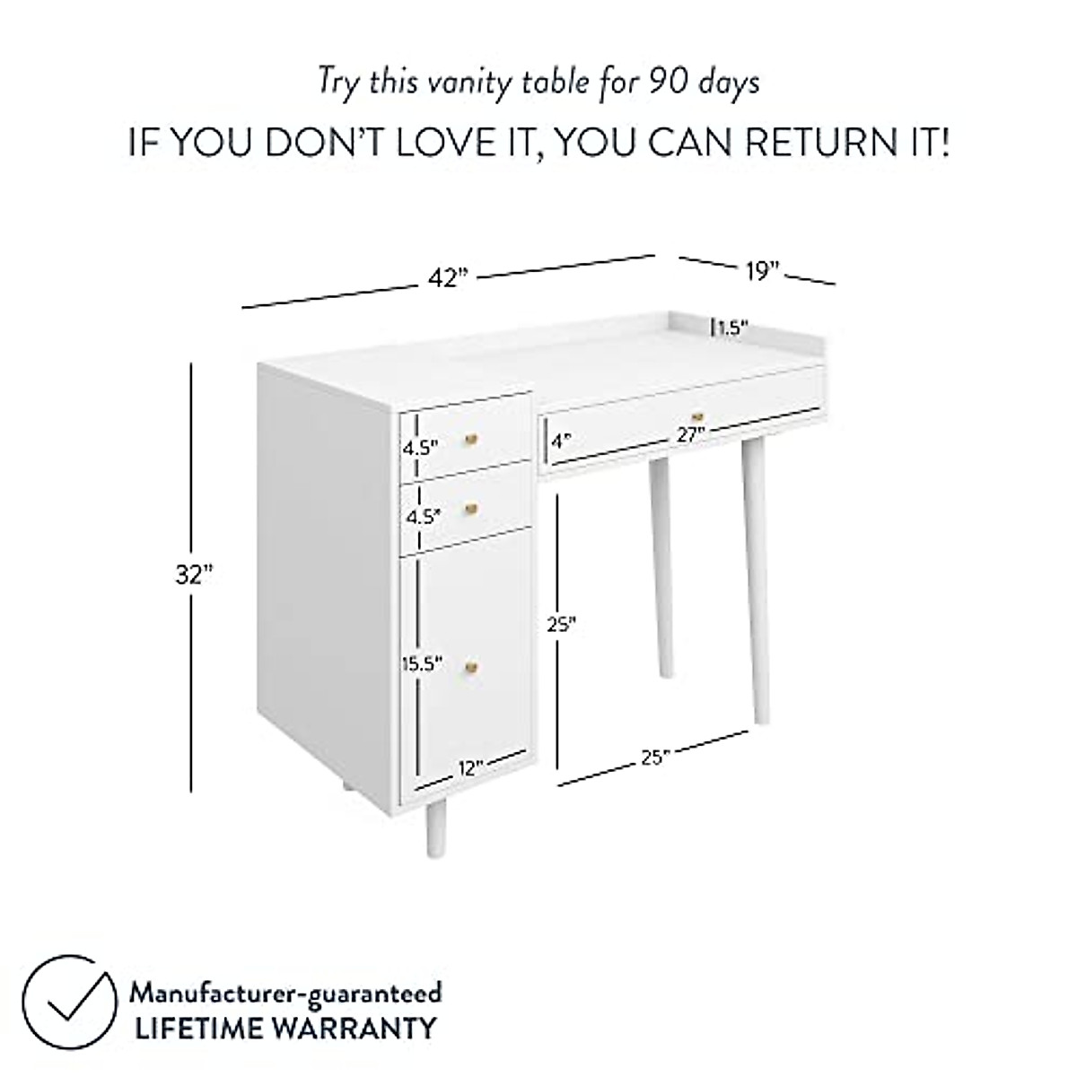 Nathan James Daisy Vanity Dressing Table or Makeup Desk with 4-Drawers and Brass Accent Knobs, White Wood