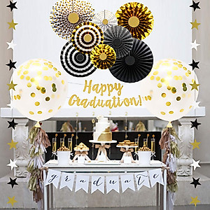 KAXXI Graduation Decorations 2023 Black and Gold, Happy Graduation Banners with Paper Fans Star Garland Confetti Balloons Set for Grad Party Supplies