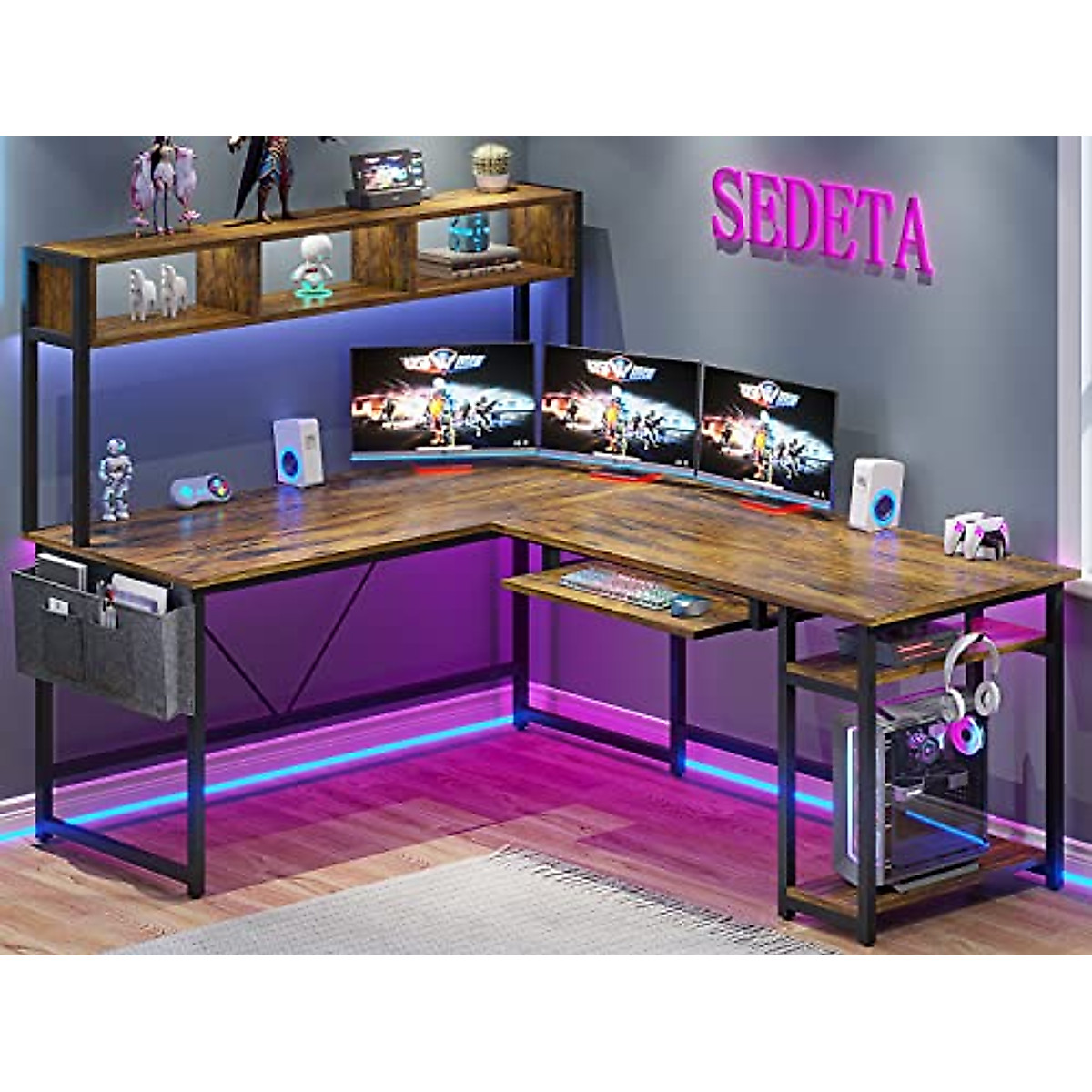 SEDETA L Shaped Computer Desk, Reversible Corner Desk or 94.5" Office Desk, Computer Desk with Led Lights, Keyboard Tray, Headphone Hook and Storage Shelves for Home Office, Rustic Brown