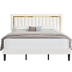 HITHOS King Size Bed Frame with Adjustable Tufted Headboard, Velvet Upholstered Platform Bed Frame with Gold Trim, Heavy Duty Mattress Foundation with Steel Frame, Easy-Assembly Slats (Beige, King)