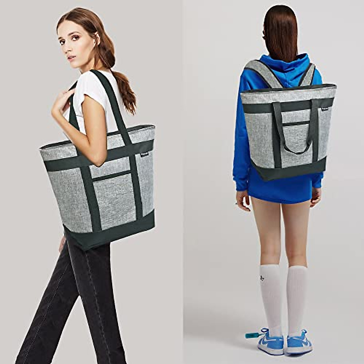 Large Insulated Grocery Bags Cooler Bag, 2 in 1 Cooler Tote/Cooler Backpack, Leak-Proof Soft Cooler Bag for Food Delivery, Grocery Shopping, Travel, Beach, Camping & Outdoor Activities (Grey)